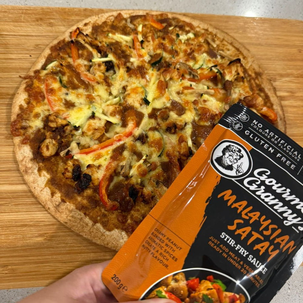 Chicken Satay Pizza - with Malaysian Satay Sauce! - Gourmet Granny's