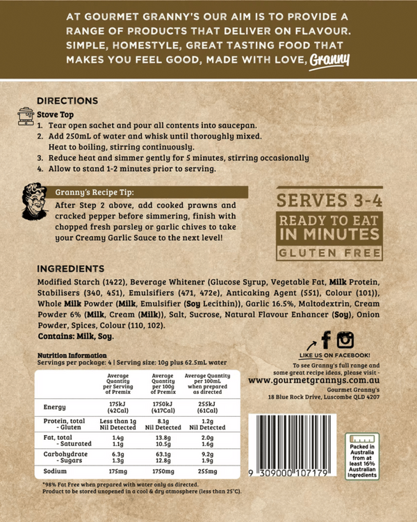 Creamy Garlic Sauce - 12 x 40g Dry Powder Sachets - Gourmet Granny's